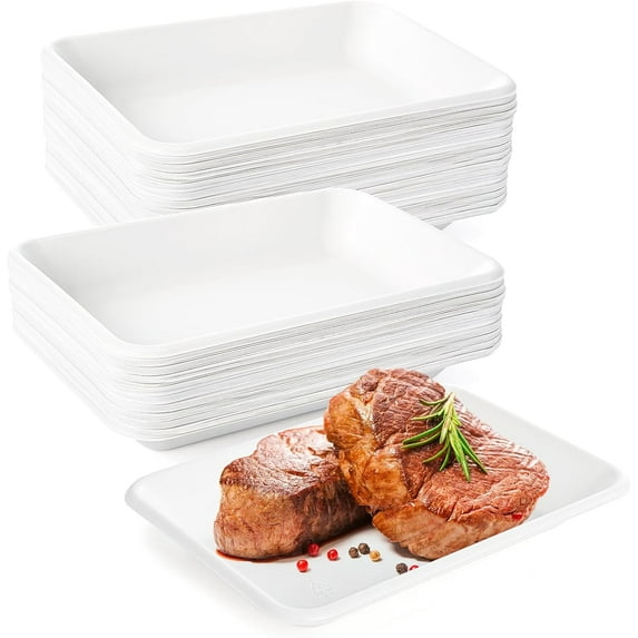 100 Piece White Rectangle Plastic Plates, 8 Inch Supermarket Meat Tray ...