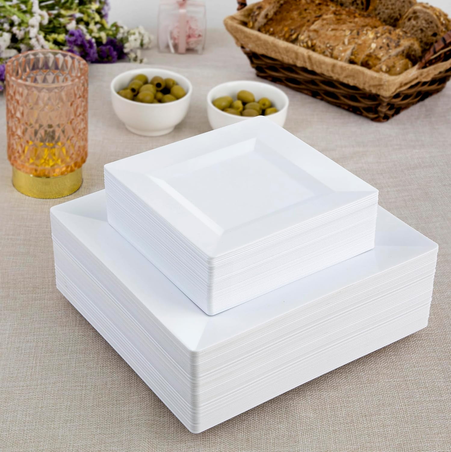100-Piece White Square Plastic Dinnerware Set – Heavy-Duty Disposable ...