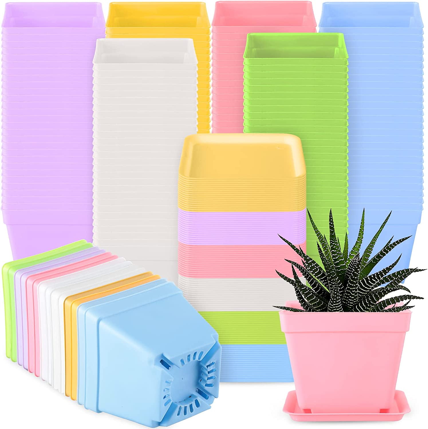 100 Pieces 4 Inch Flower Pots Square Plants Nursery Pot Plastic Plant ...