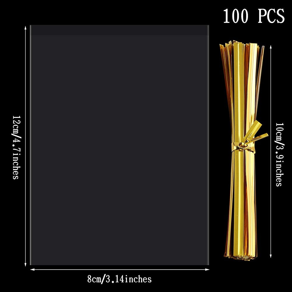 100 Pieces 8 x 12 cm Clear OPP Bags with Twist Ties Treat Bags Clear ...