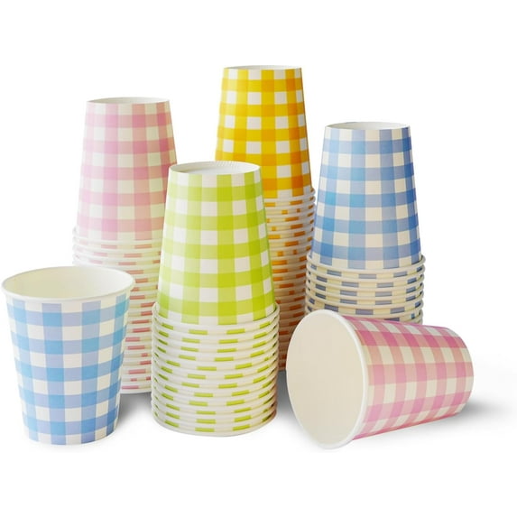 100 Pieces 9 oz Gingham Paper Drinking Cups, 4 Colors Checkered Cups ...