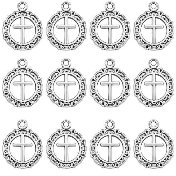 100 Pieces Antique Silver Round Cross Crucifix Charms Alloy Hollow ...