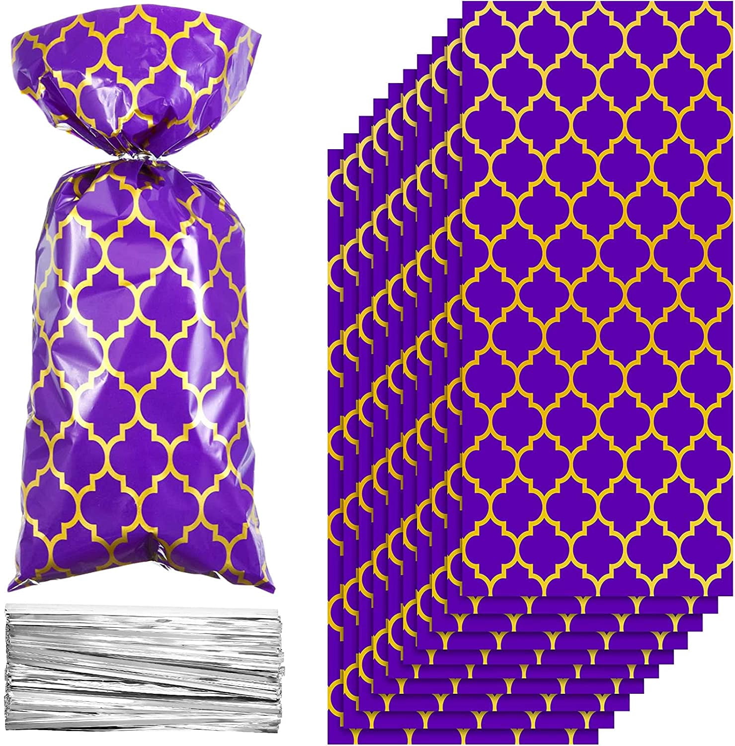100 Pieces Arabian Nights Cellophane Treat Bags, Purple Gold Lattice ...