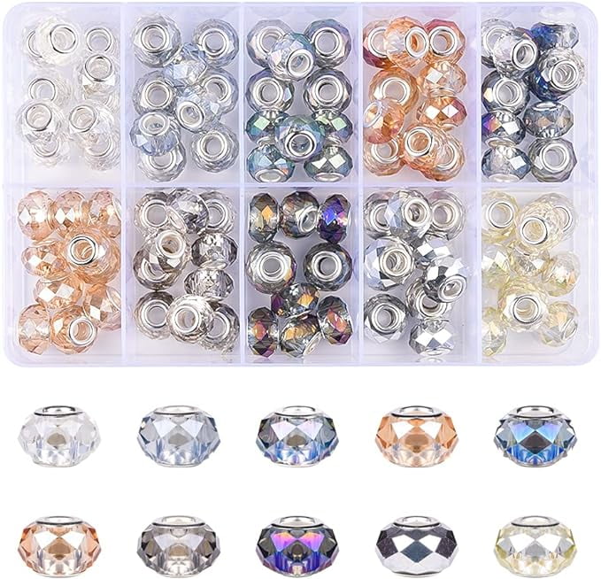 100 Pieces Assorted European Craft Beads Large Hole Crystal Lampwork