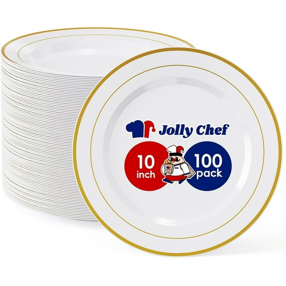 100 Pieces Gold Plastic Plates, 10 Inch Elegant Disposable Dinner White ...