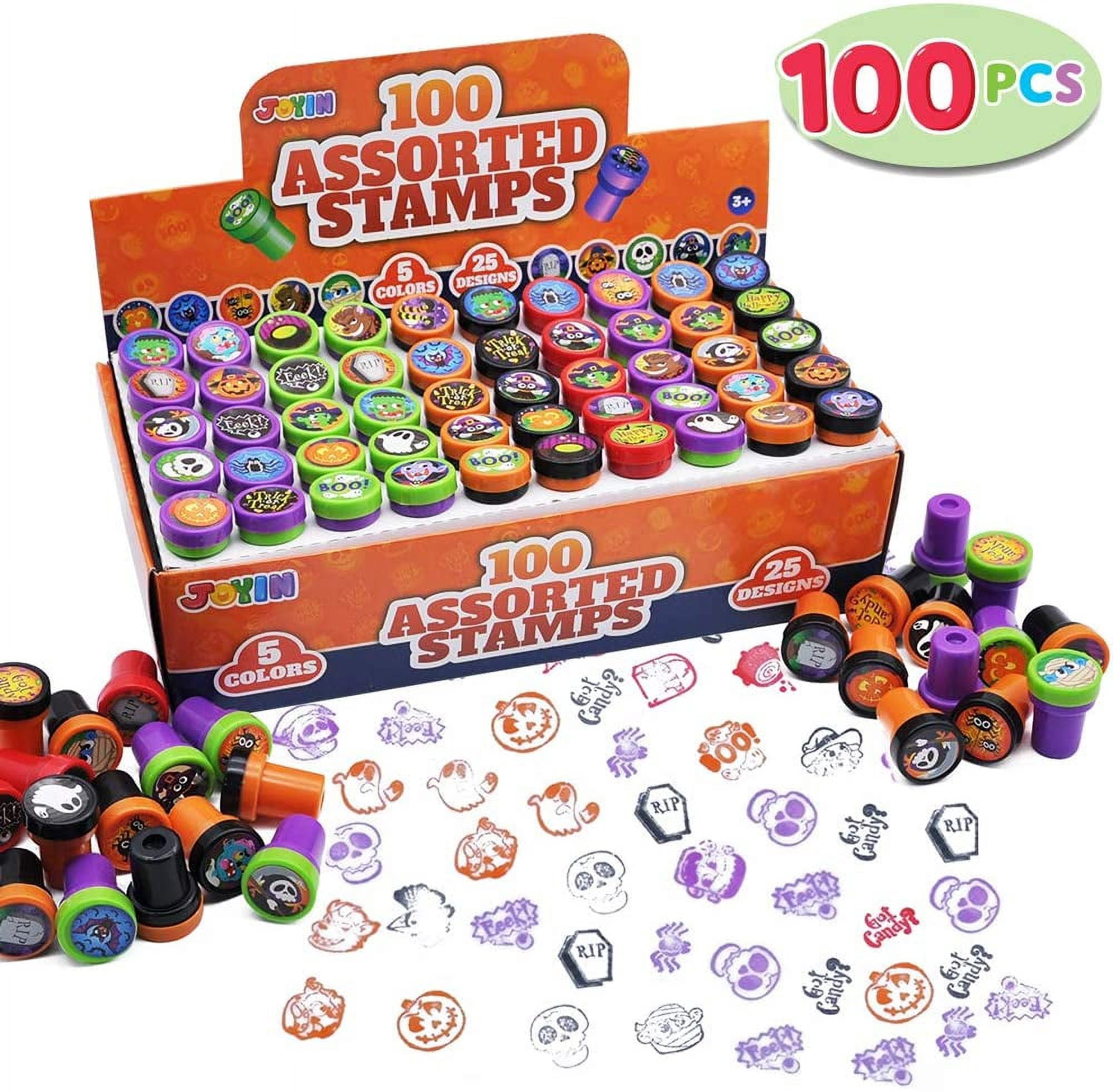 100 Pieces Halloween Assorted Stampers Kids Self-Ink Stamps (25 Designs ...