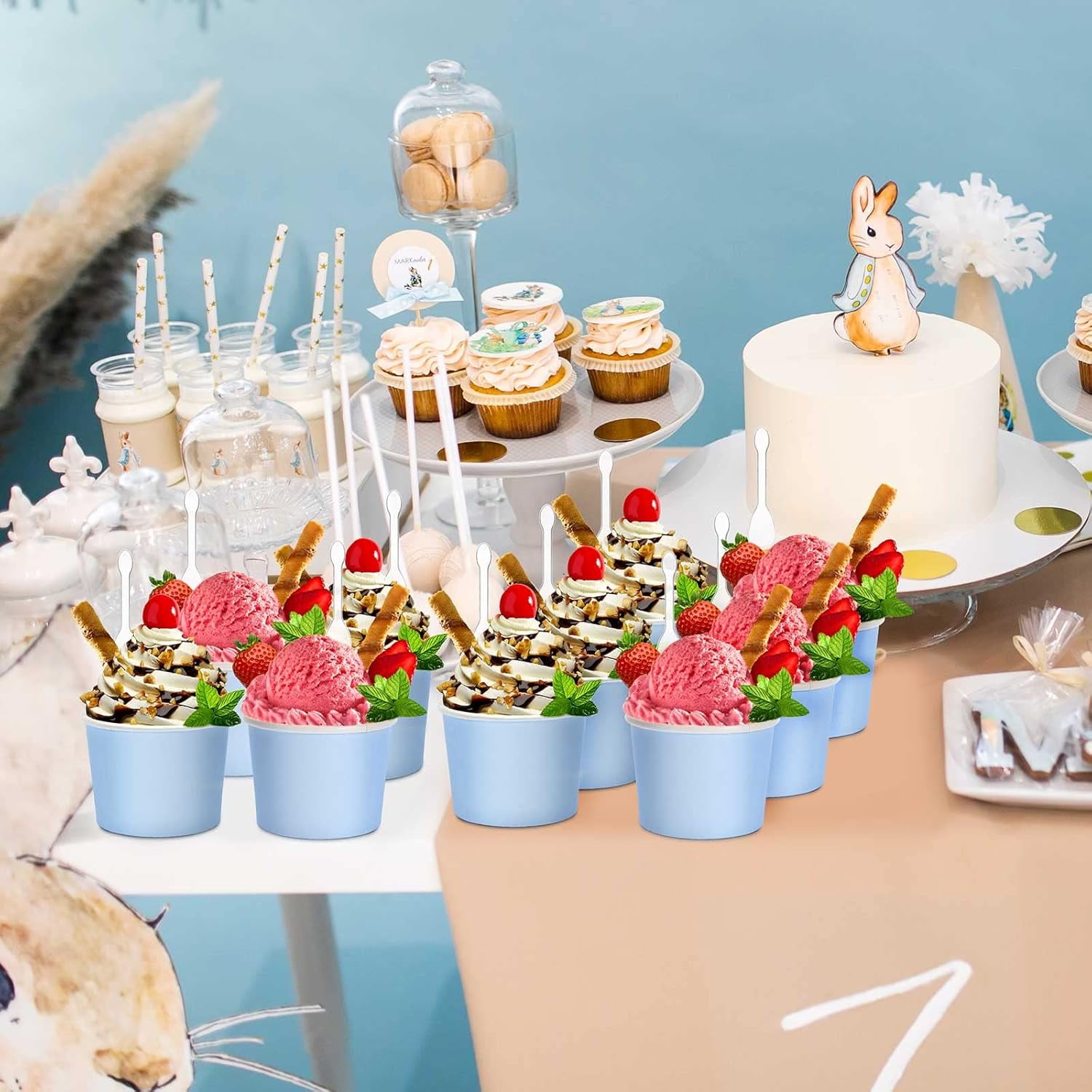 100 Pieces Ice Cream Cups with Spoons Containers Solid Color Disposable ...