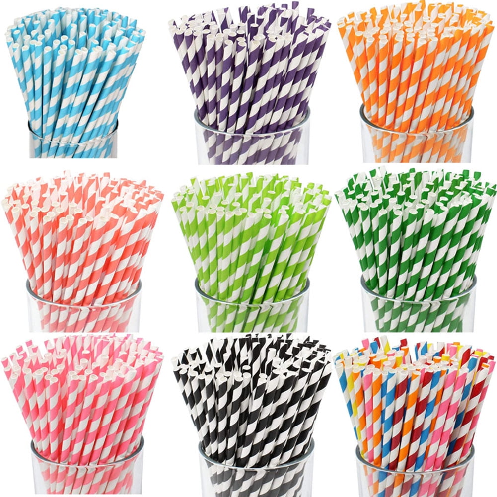 100 Pieces Paper Straws Striped Drinking Straws 7.7 Inch Assorted Color ...