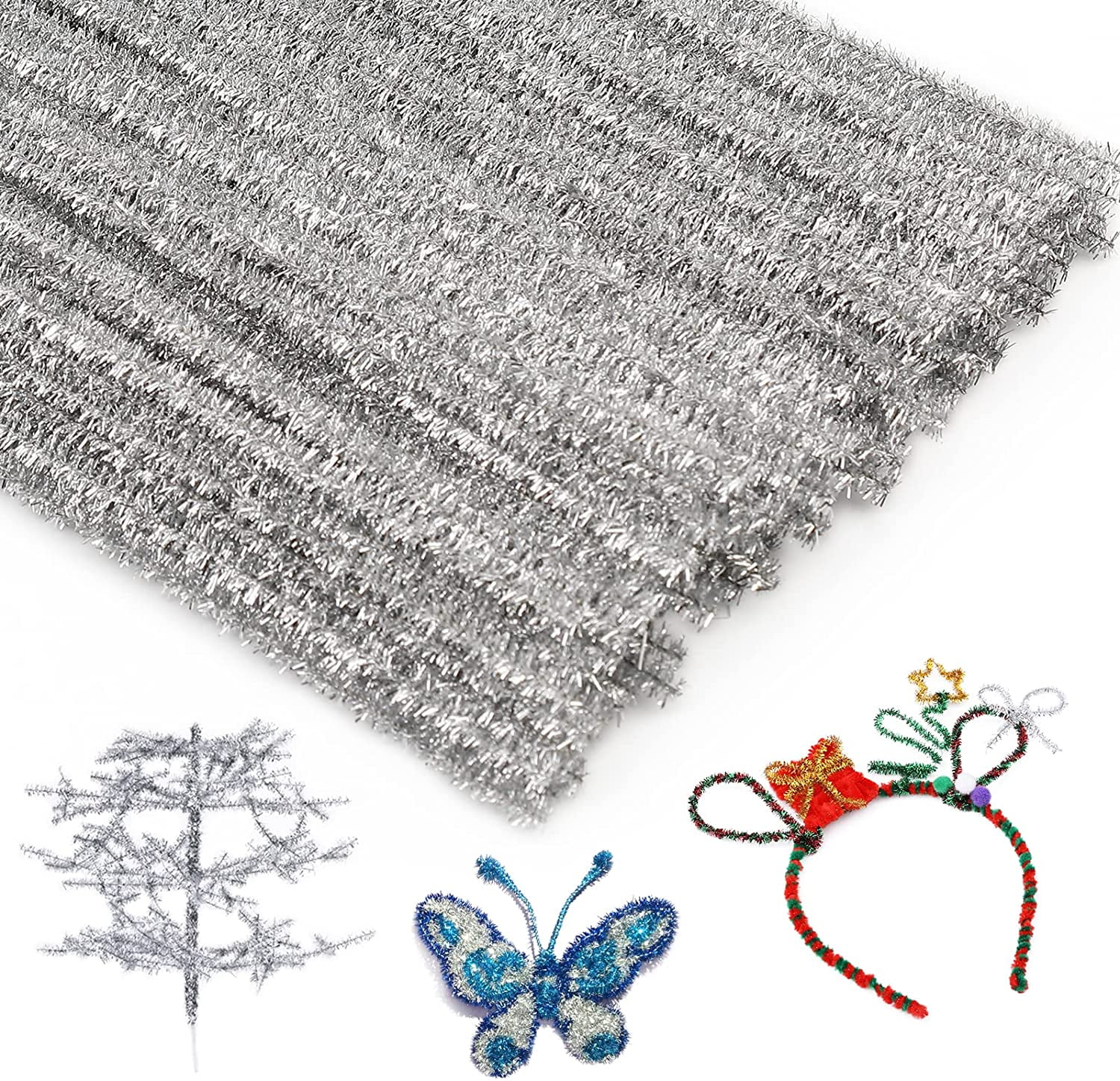 100 Pieces Pipe Cleaners Chenille Stem, Glitter Silver Craft Pipe ...