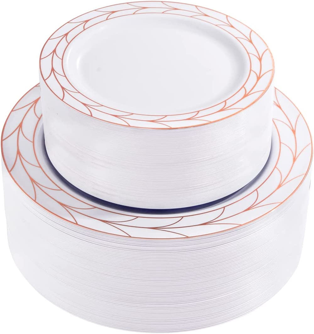 100 Pieces Rose Gold Disposable Plastic Plates,Heavy Duty Plastic Party ...