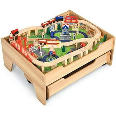 Hey! Play! Wooden Train Set & Table for Kids - Complete Set with 75 ...