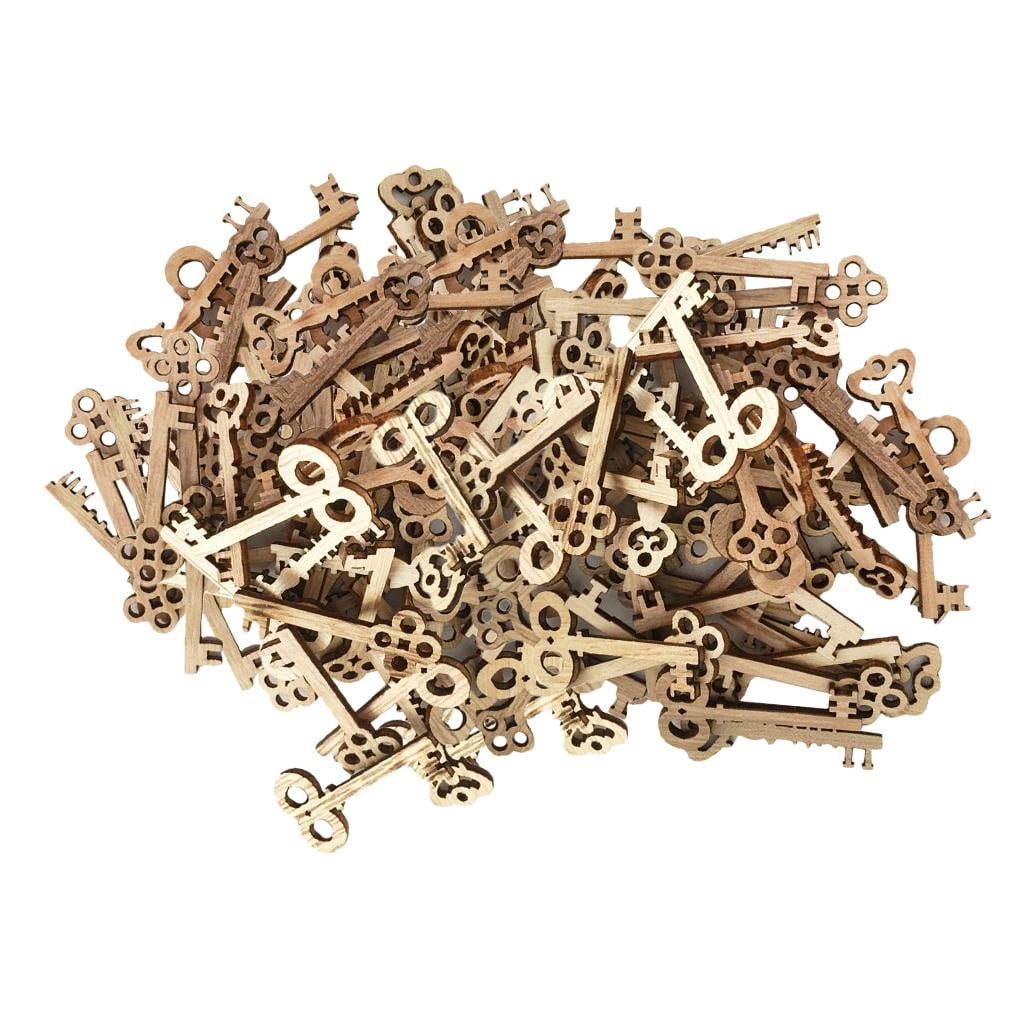 100 Pieces Vintage Key Patterns Wooden Embellishments Wood Keys Slices ...