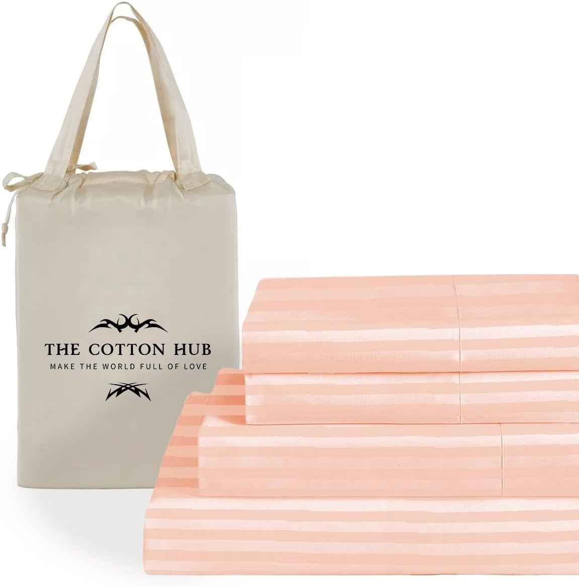 100% Pima Cotton Full Size 4-PCs Sheet Set (Stripe, Peach) Fits 23-26 ...