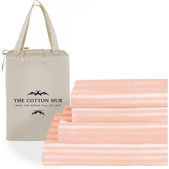100% Pima Cotton Full Size 4-PCs Sheet Set (Stripe, Peach) Fits 23-26 ...