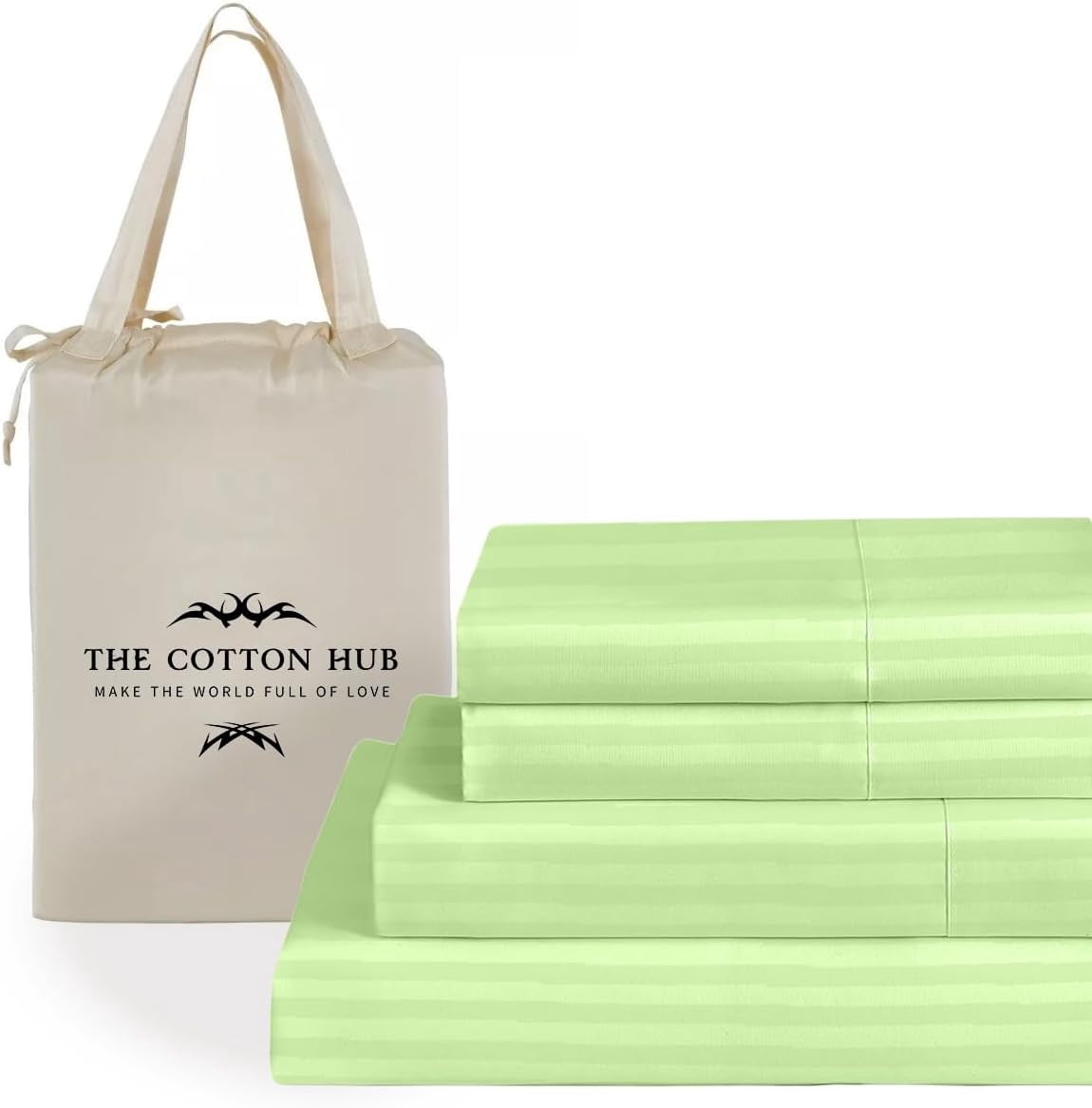 100% Pima Cotton Full-XL Size 4-PCs Sheet Set (Stripe, Sage Green) Fits ...