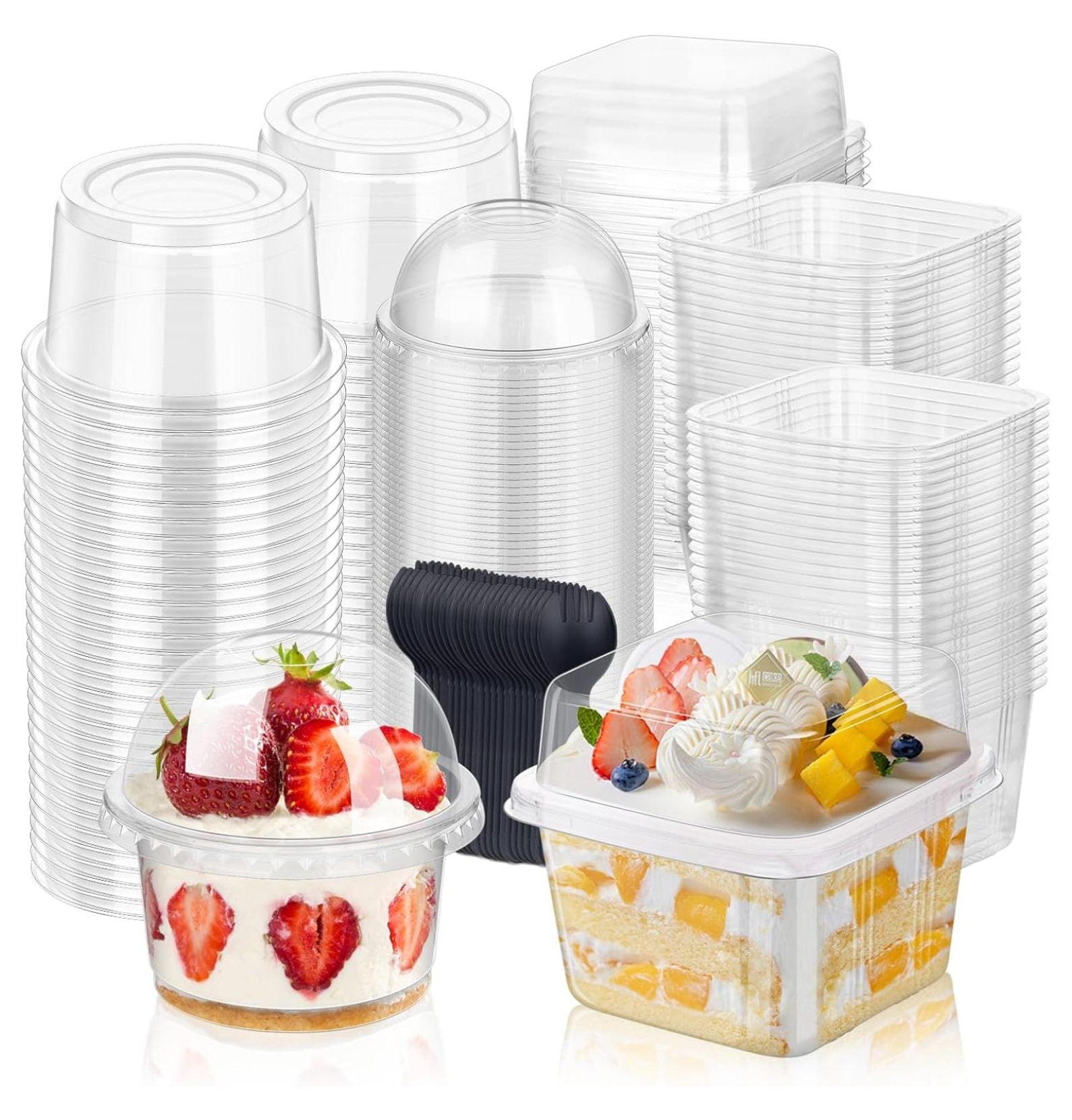 100 Plastic Dessert Cups with Lids & Sporks - 8oz Disposable Cups for ...