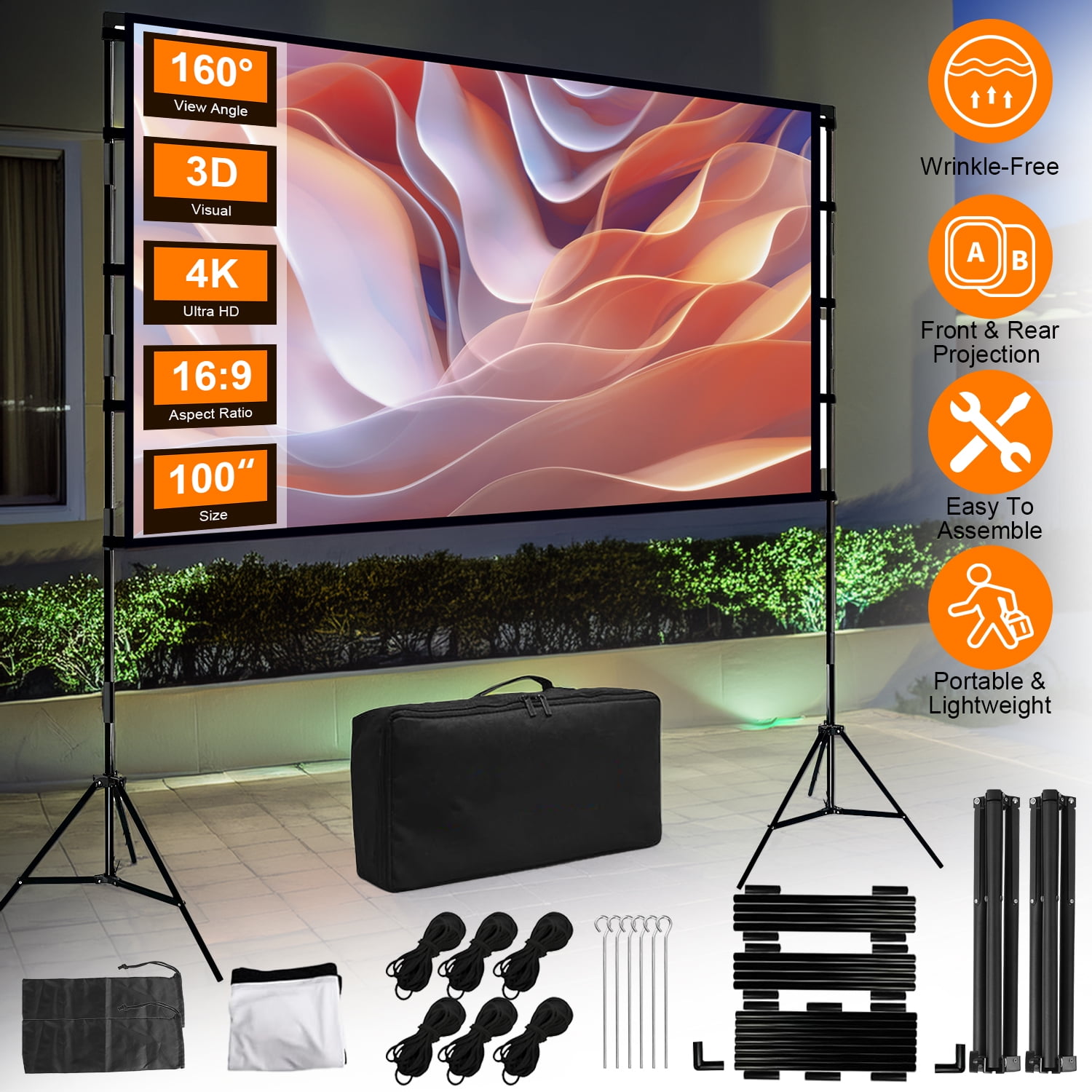 100" Portable Projector Screen with Stand 16:9 4K HD Rear Front Wrinkle ...