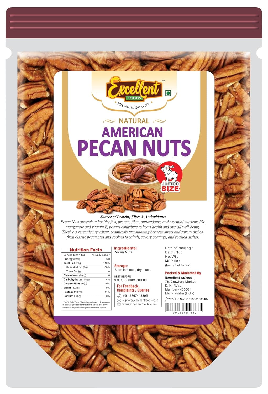 100% Pure American Jumbo Size Pecan Nuts By Excellent Foods 1kg, | Rich In Protein Fiber Healthy ...