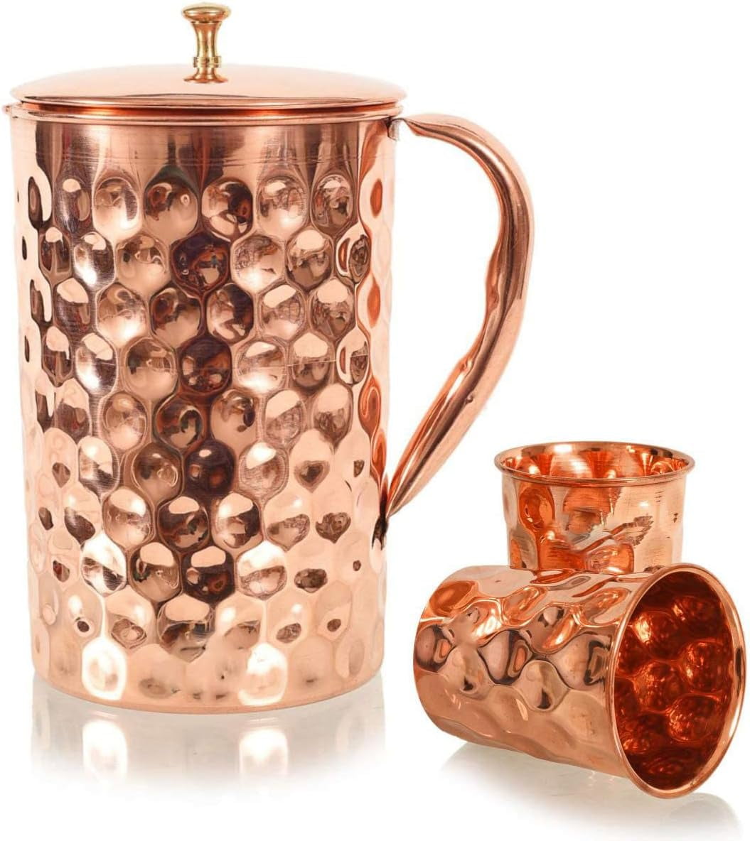 100% Pure Copper Diamond Cut Design 2 Liter Jug Pitcher with Brass Knob ...