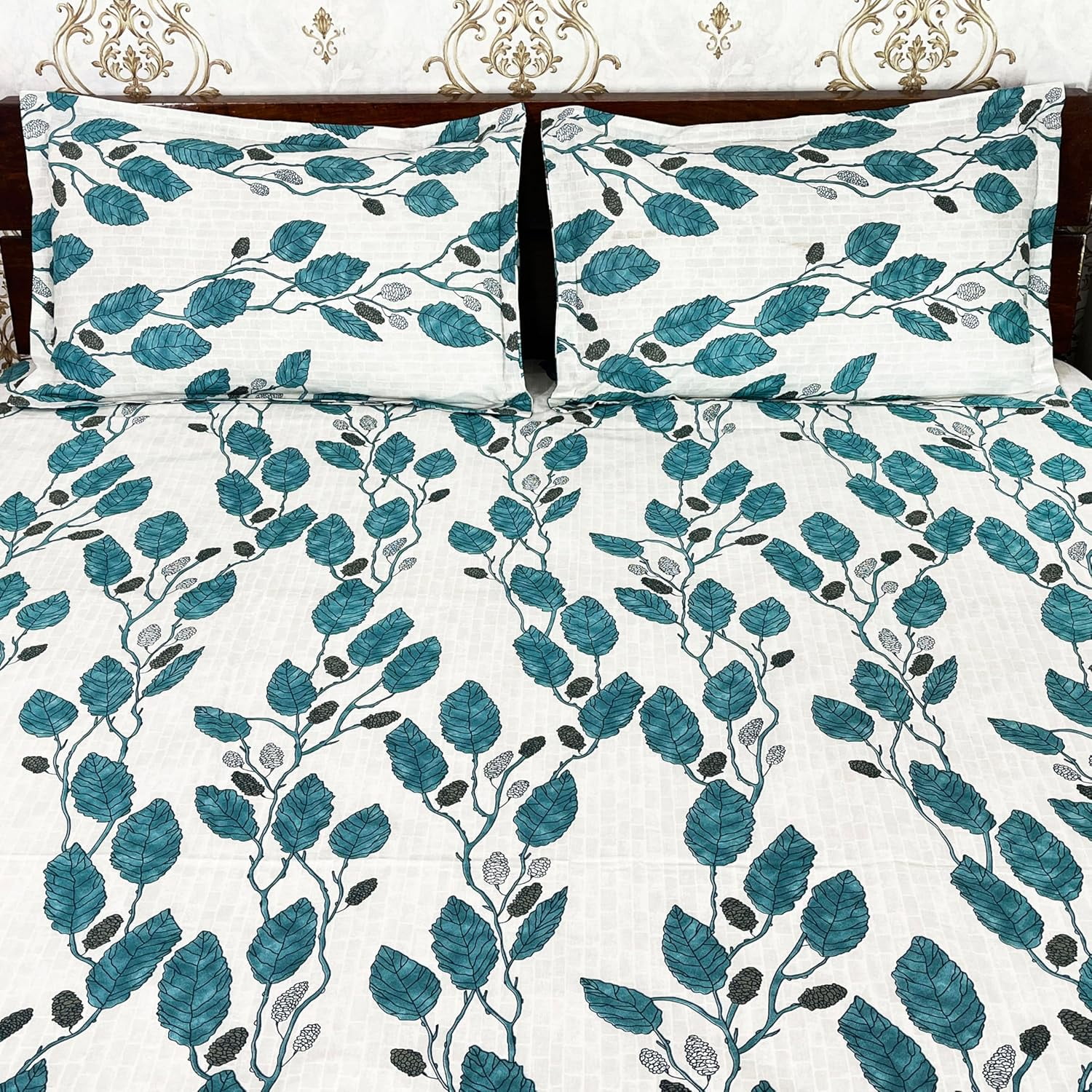 100 Pure Cotton Bedsheets with Pillow Covers Blue Color Bedcover Leaf ...