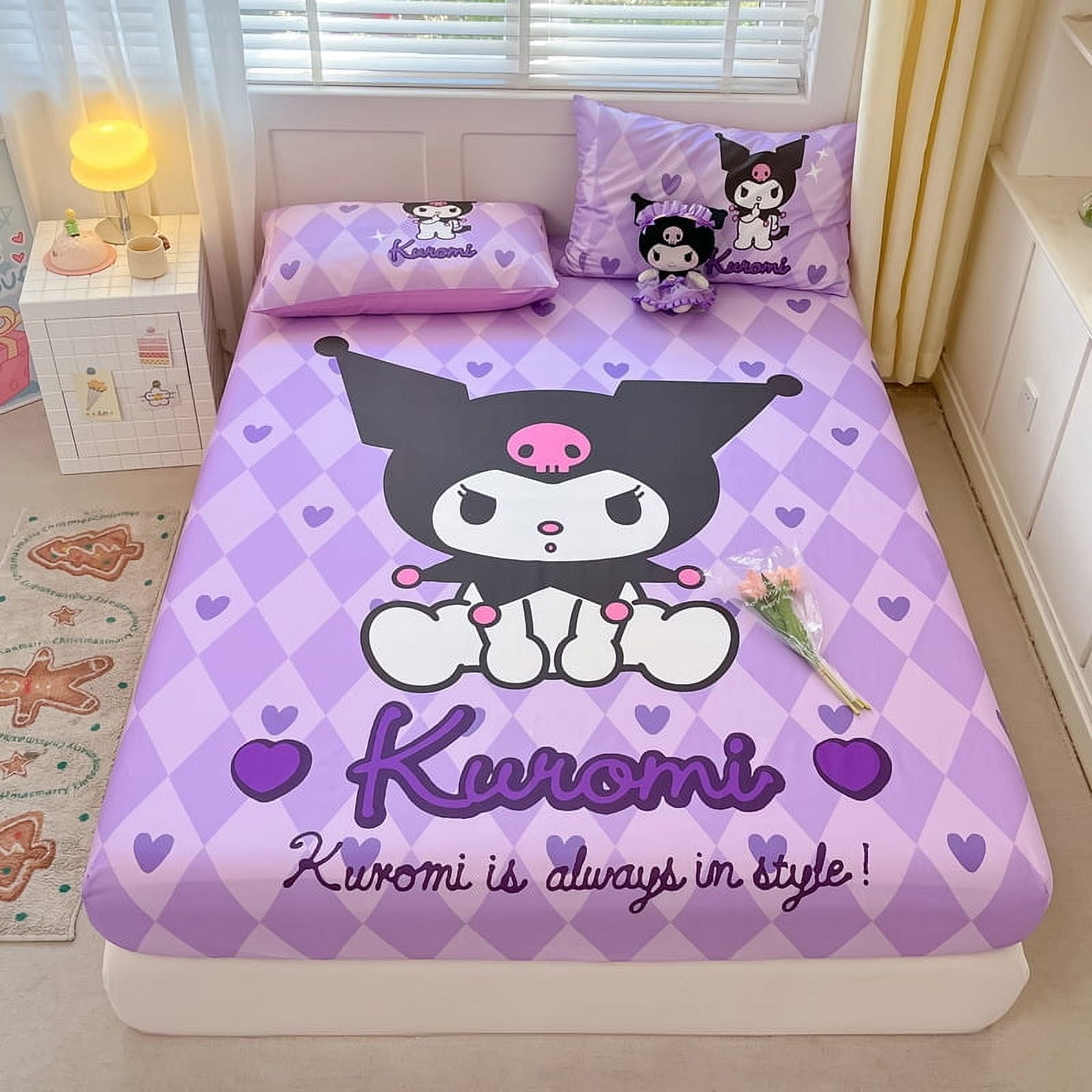 100% Pure Cotton Cartoon KT Cat Kuromi Fitted Bed Sheet 3-piece Set (fitted Sheet+2*pillow Case ...