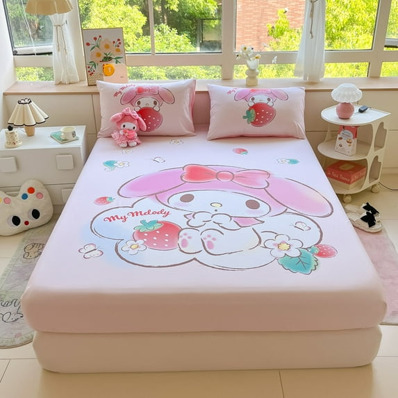 100% Pure Cotton Cartoon KT Cat Kuromi Fitted Bed Sheet 3-piece Set (fitted Sheet+2*pillow Case ...