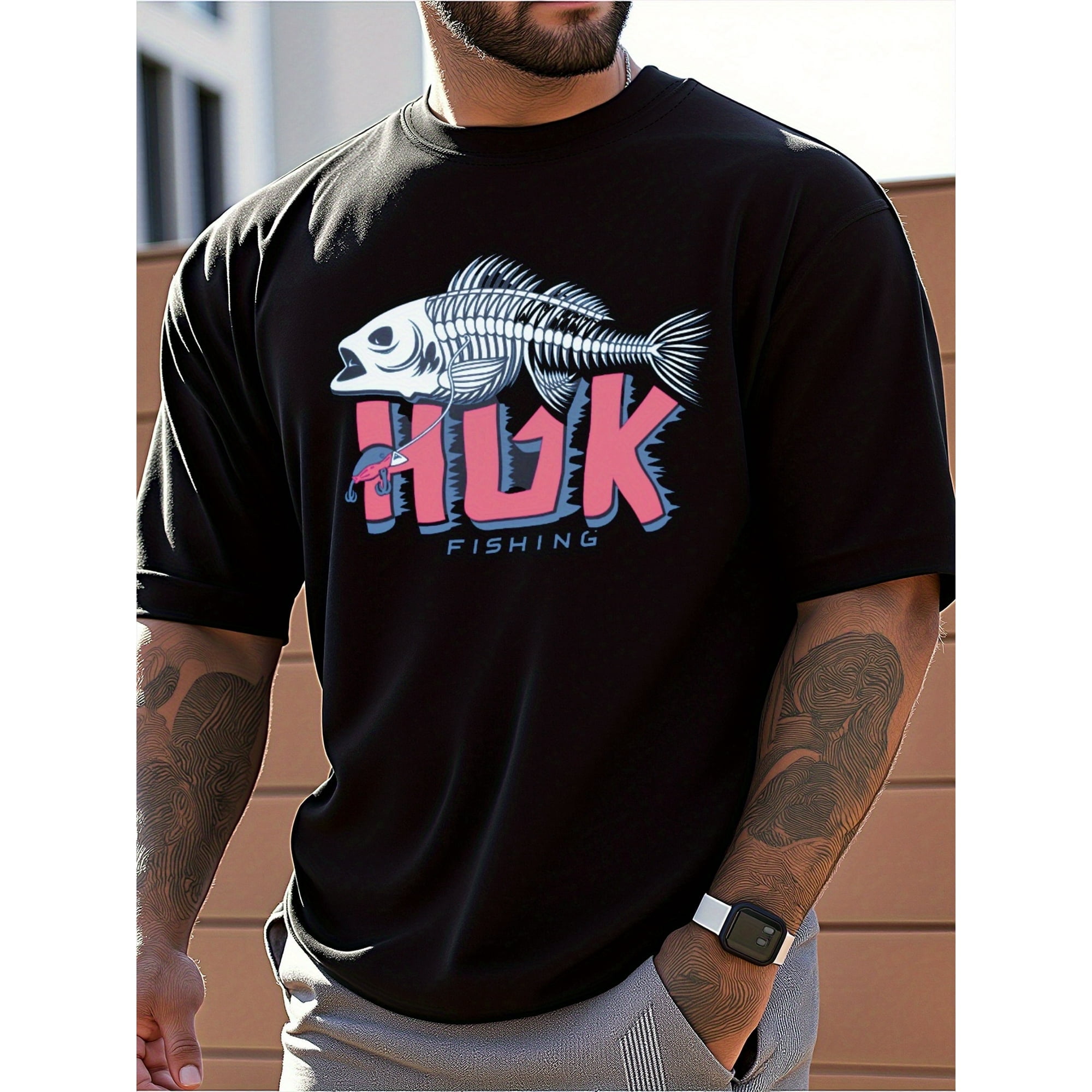 100% Pure Cotton Fabric, Shirts for Men, HUK Fishing Themed Printed T ...