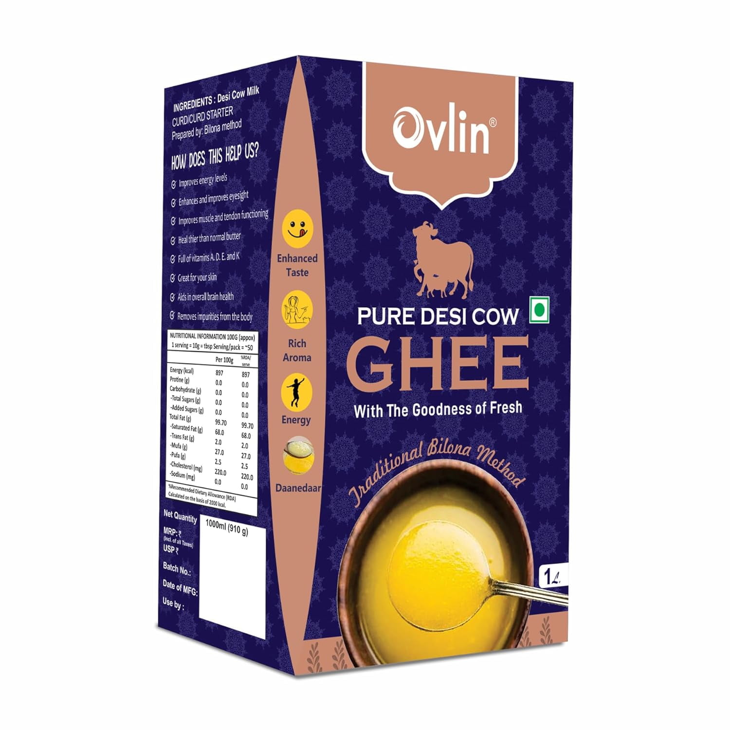 100% Pure Desi Bilona Danedar Cow Ghee By Ovlin | Good Source Of ...