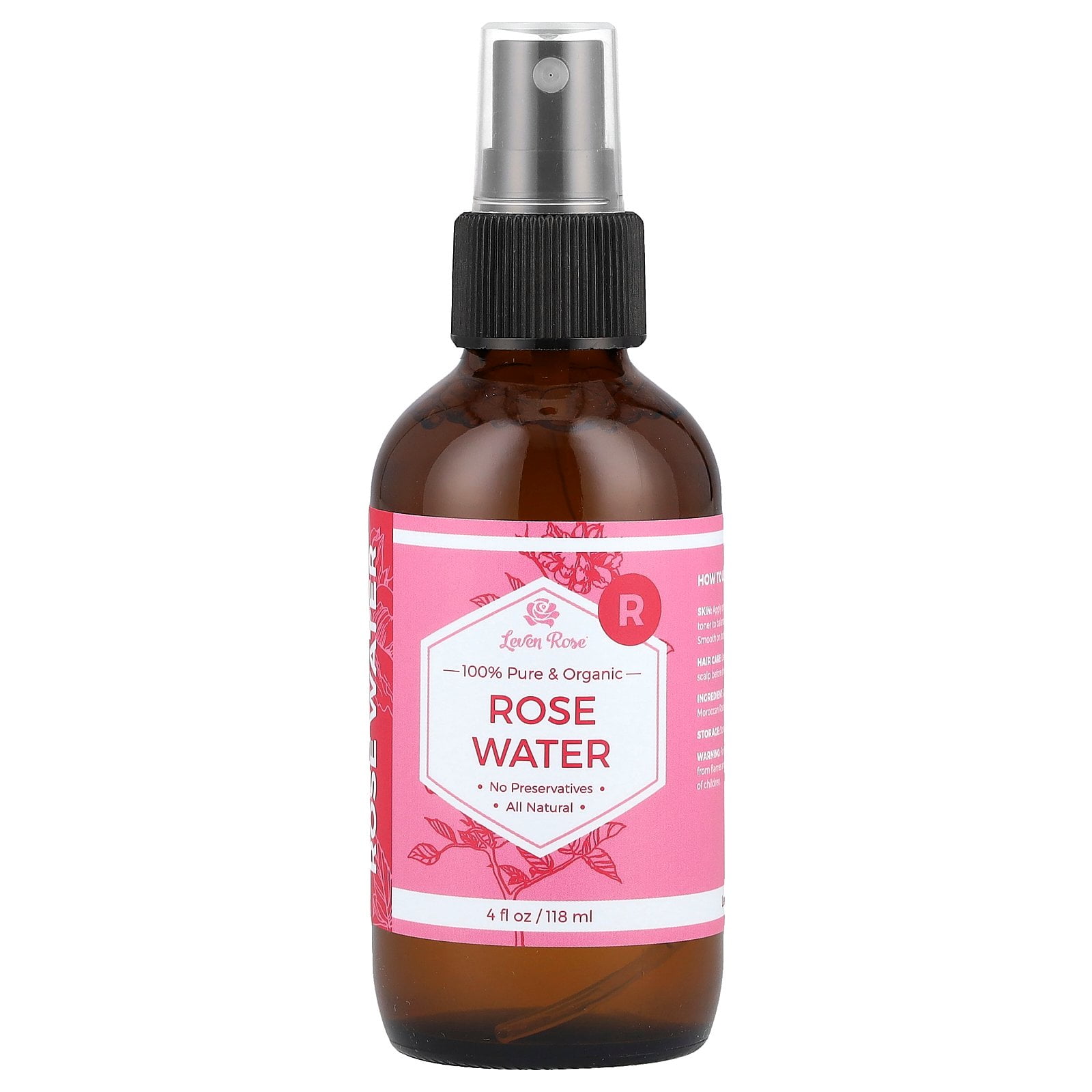 Leven Rose 100% Pure & Organic, Rose Water, 4 fl oz (118 ml) - Walmart.com