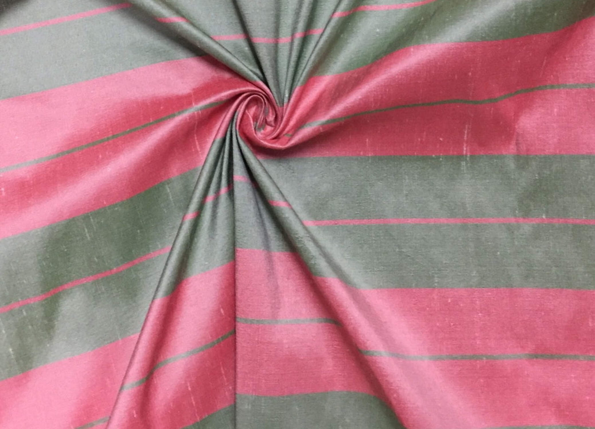100% Pure Silk dupion PINK and GREEN stripe Fabric 54" wide DUPS69[2 ...