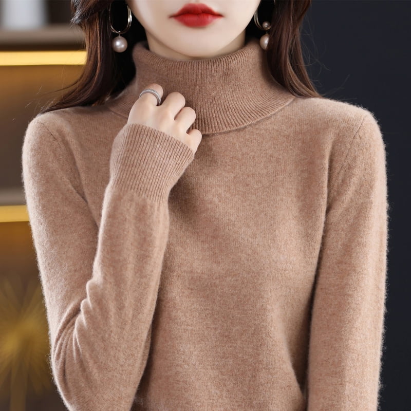 100%Pure Wool Sweater Woman High Neck Pullover Keep Warm Casual Long ...