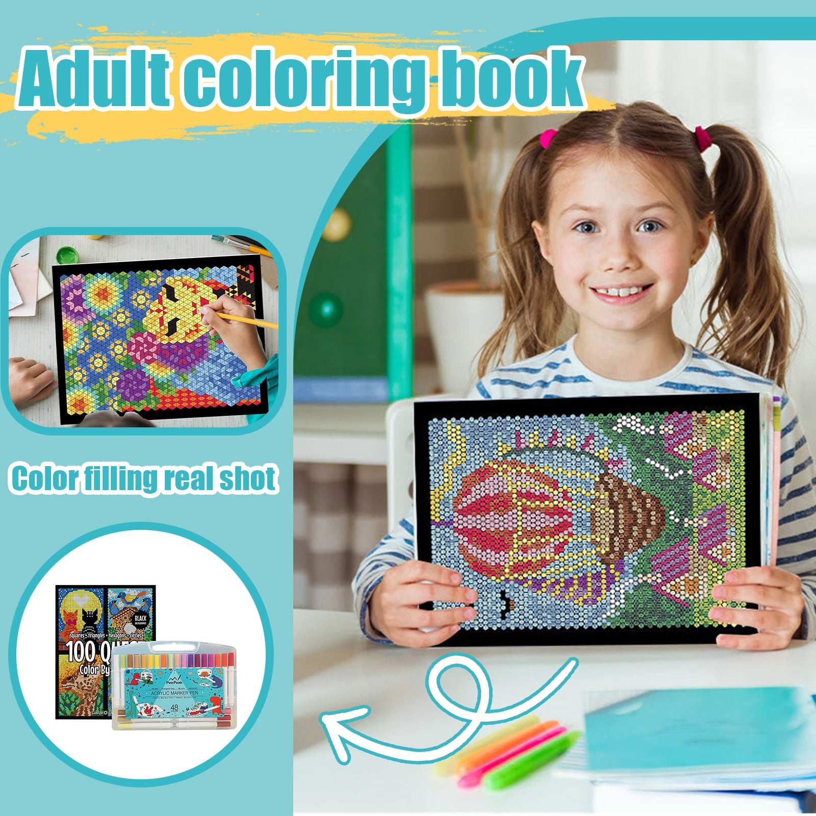 100 QUEST Color By Number with 48 Color Marker Pens: Squares ...