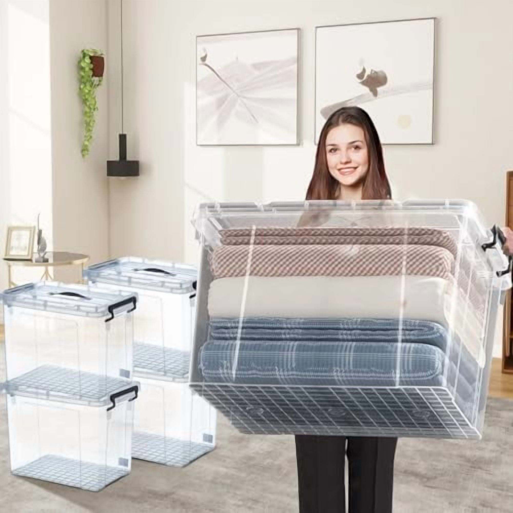 100 Quart (4-Pack) Clear Storage Bins with Lids - Heavy Duty Stackable ...