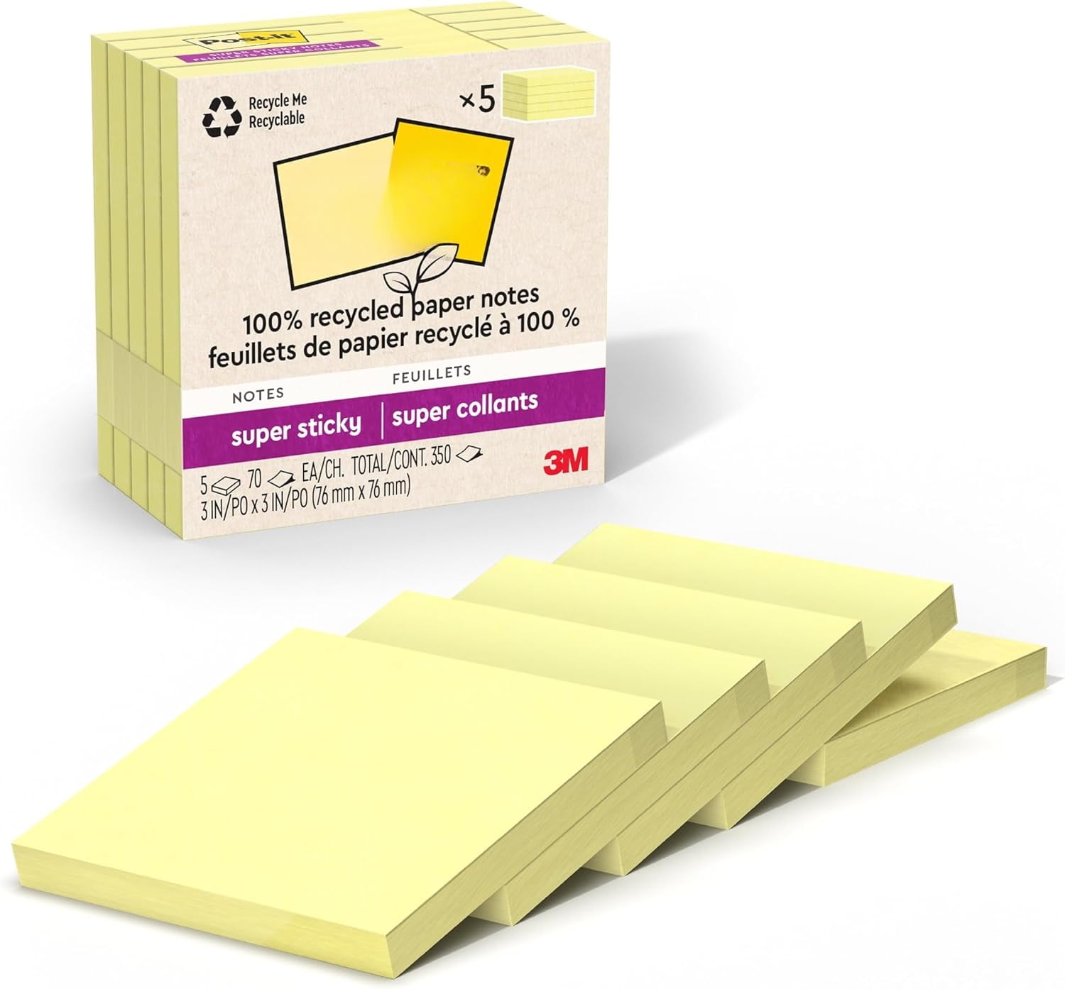 100% Recycled Paper Super Sticky Notes, 2X The Sticking Power, 3x3 in ...