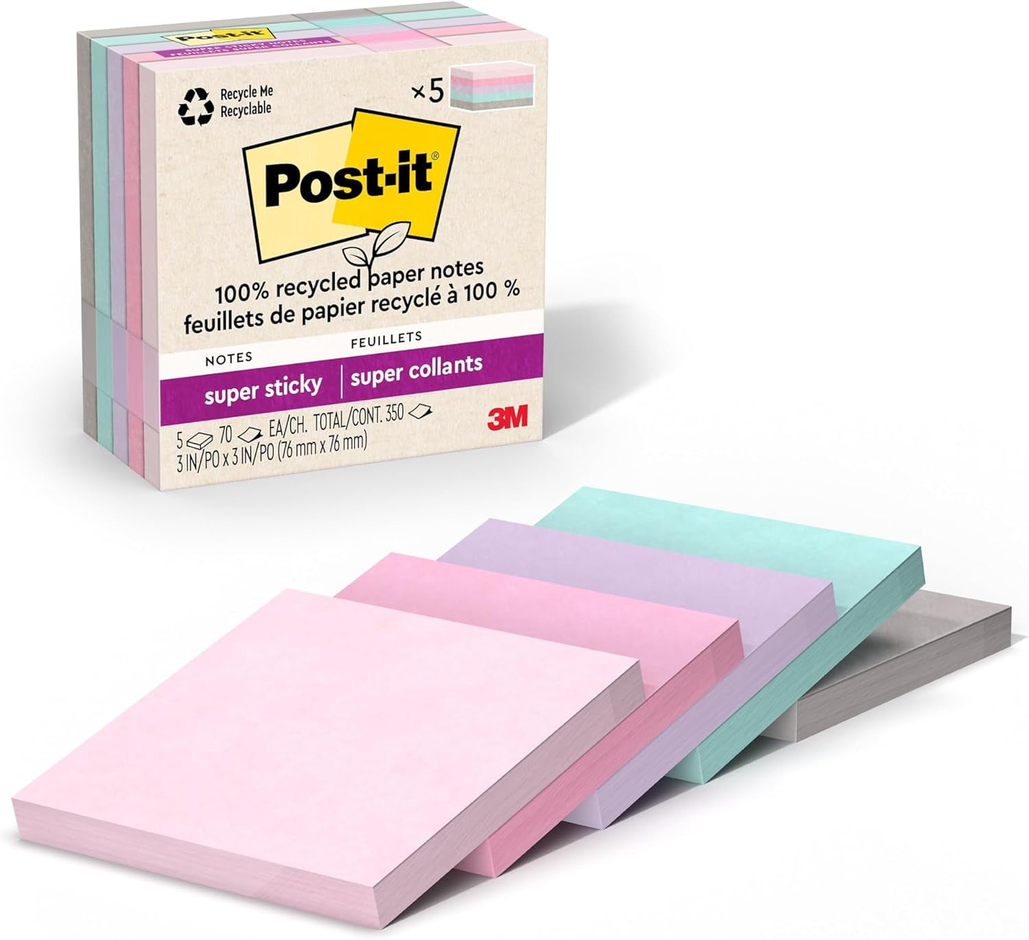 100% Recycled Paper Super Sticky Notes, 2X The Sticking Power, 3x3 in ...