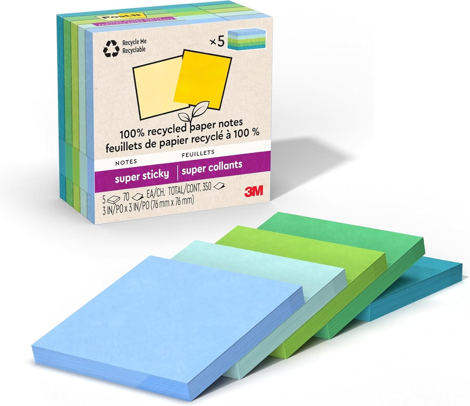 100% Recycled Paper Super Sticky Notes, 2X The Sticking Power, 3x3 in ...