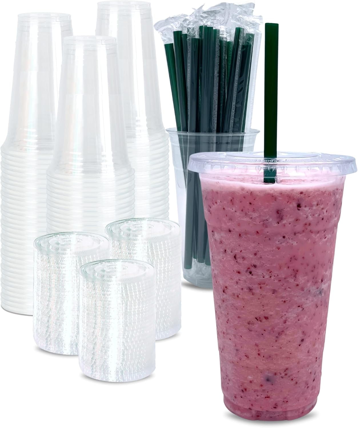 [100 SETS] 24 Oz Clear Plastic Cups with Lids and STRAWS, Disposable ...