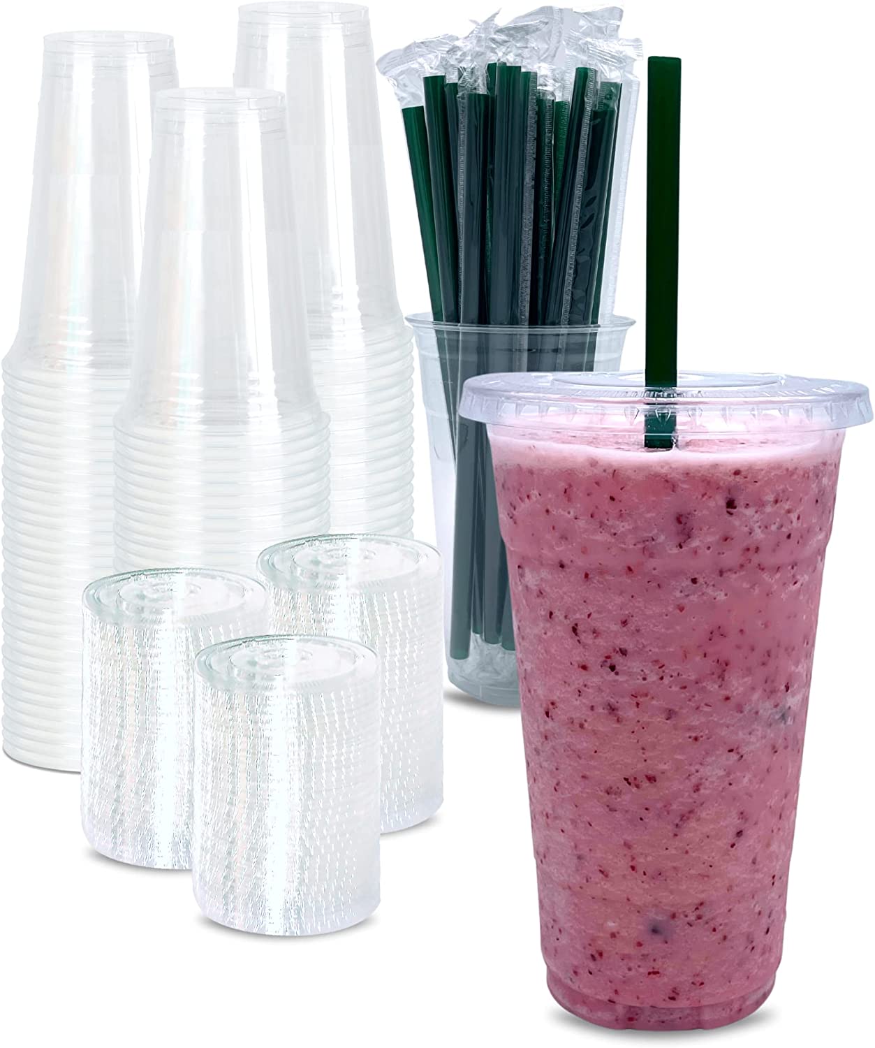 [100 SETS] 24 oz Clear Plastic Cups with Lids and STRAWS, Disposable ...
