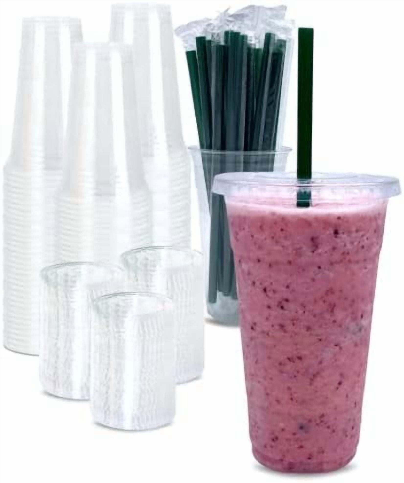 [100 SETS] 24 oz Clear Plastic Cups with Lids and STRAWS, Disposable Iced Coffee cups with Lids ...