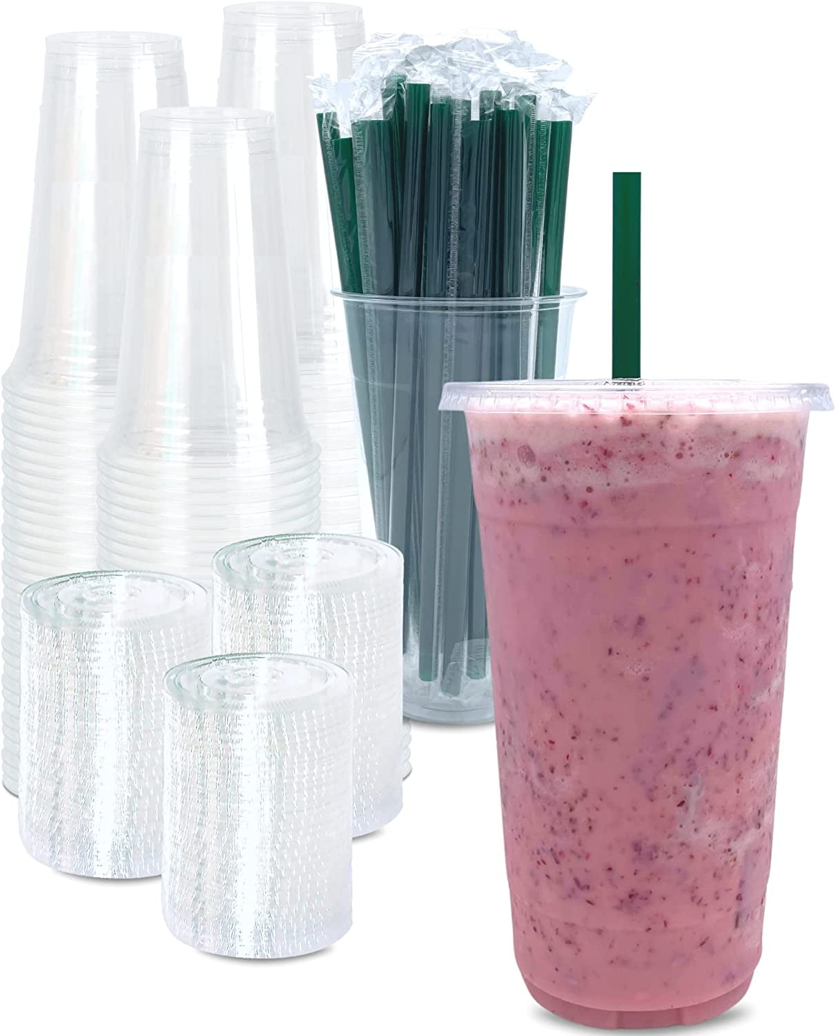 [100 SETS] 32 oz Clear Plastic Cups with Lids and STRAWS, Disposable ...