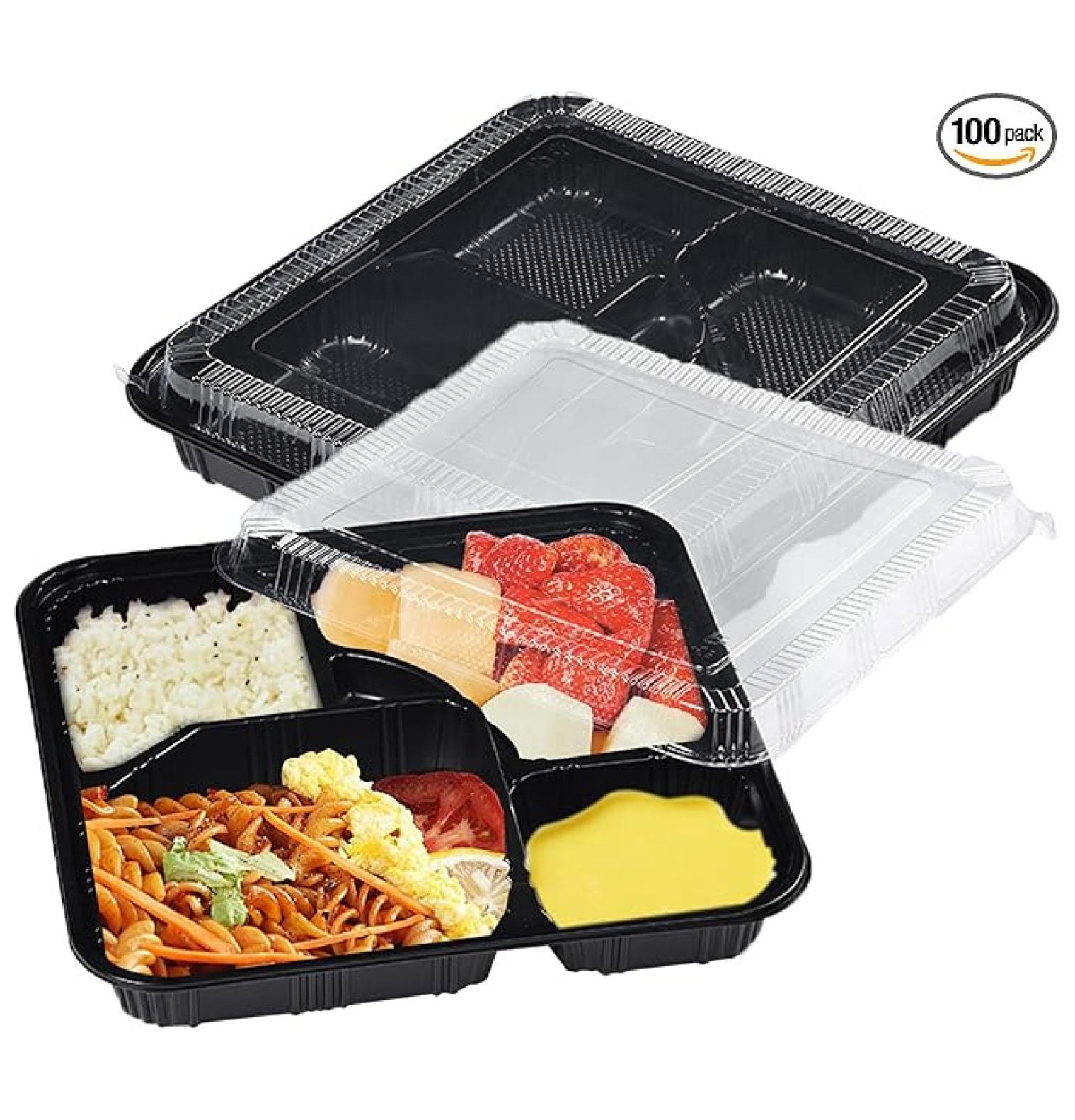 100-Set 10.6"×10.6"×2" Square Black Plastic Bento Boxes - BPA-Free 3 ...