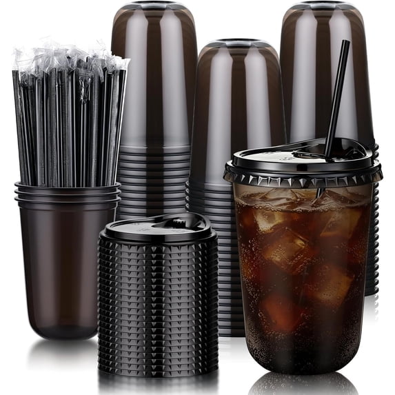 100 Set 16oz Clear Plastic Cups with Sip & Straws, Disposable Round ...