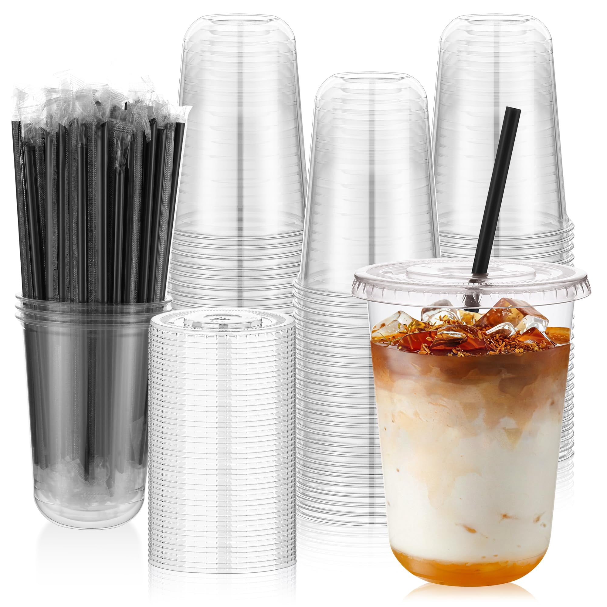 100 Set 16oz Plastic Cups with Lids and Straws, Disposable Blue Clear ...