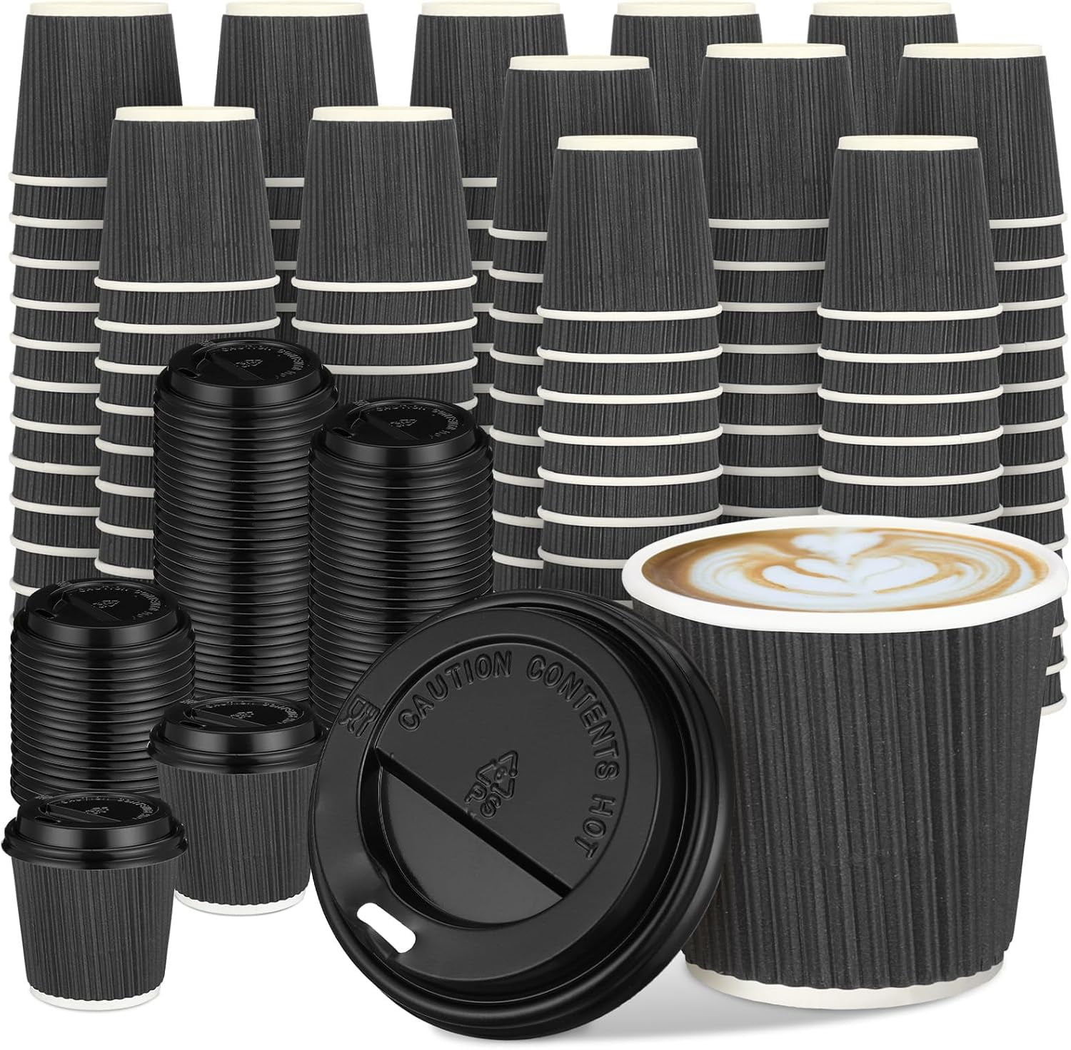 100 Set 4oz Disposable Espresso Cups with Lids Ripple Corrugated Paper ...