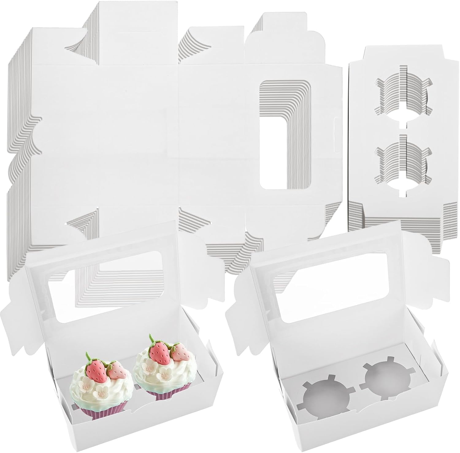 100 Set White Cupcake Boxes 2 Cupcake Holder with Lid To Go Cupcake ...