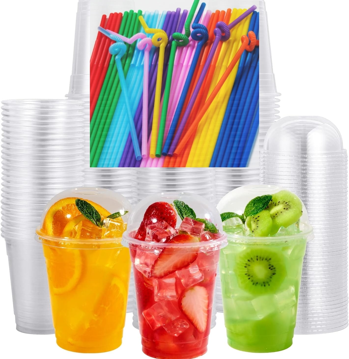 100 Sets - 12 Oz Crystal Clear Plastic PET Cups With Dome lids & Straws ...