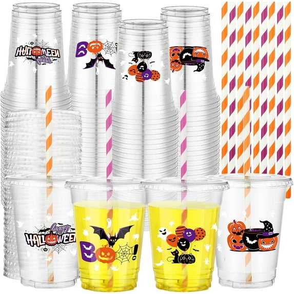 100 Sets 12 oz Happy Halloween Cups Clear Plastic Disposable Cups with ...
