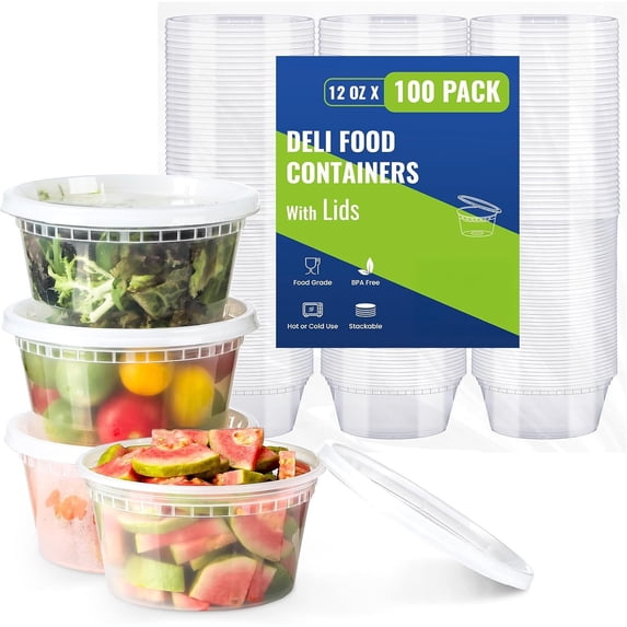 100 Sets 12 oz Plastic Deli Containers With , Airtight Storage ...