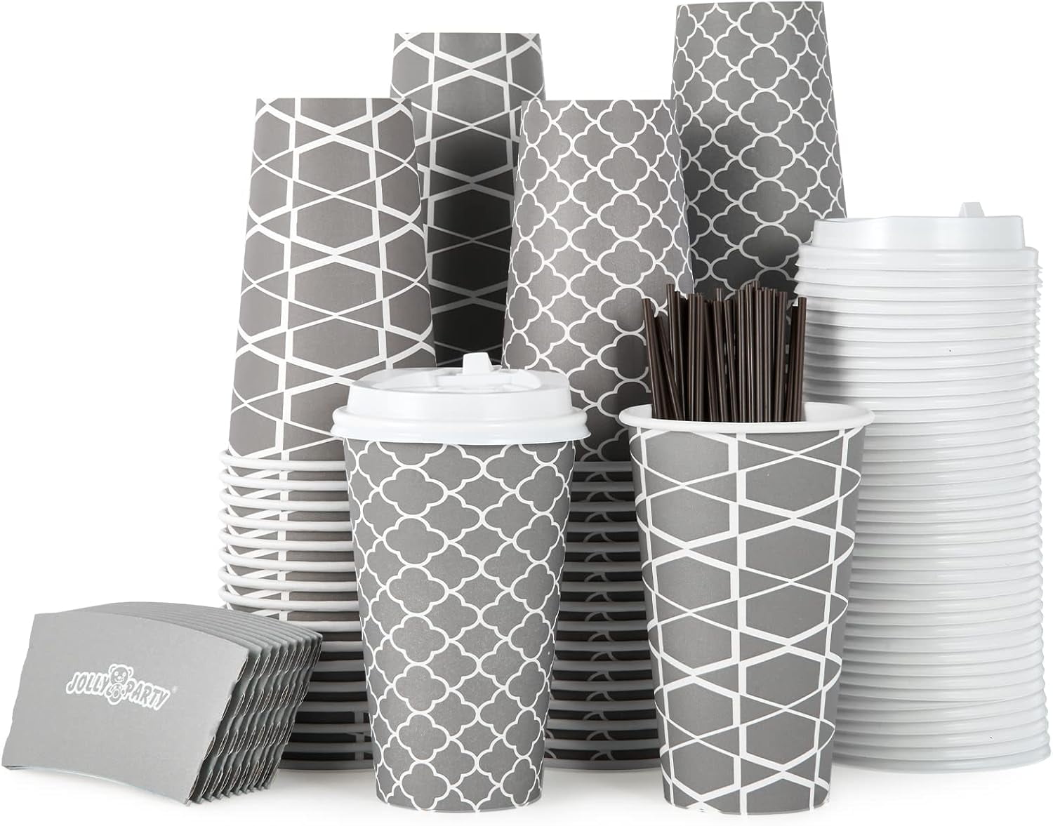 [100 Sets] 16 oz Paper Coffee Cups Disposable with Lids Sleeves and ...