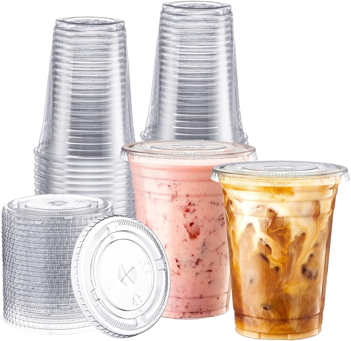[100 Sets 16 oz. Plastic Cups With Lids, Smoothie Cups, Milkshake Cups ...